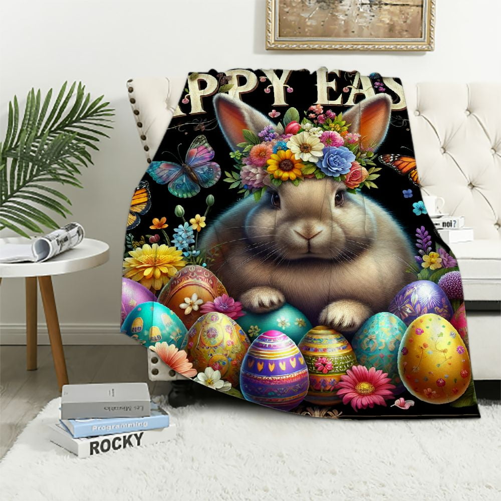 COMIO Easter Hunny Bunny Throw Blanket Pink Easter Eggs Flowers Bunny ...