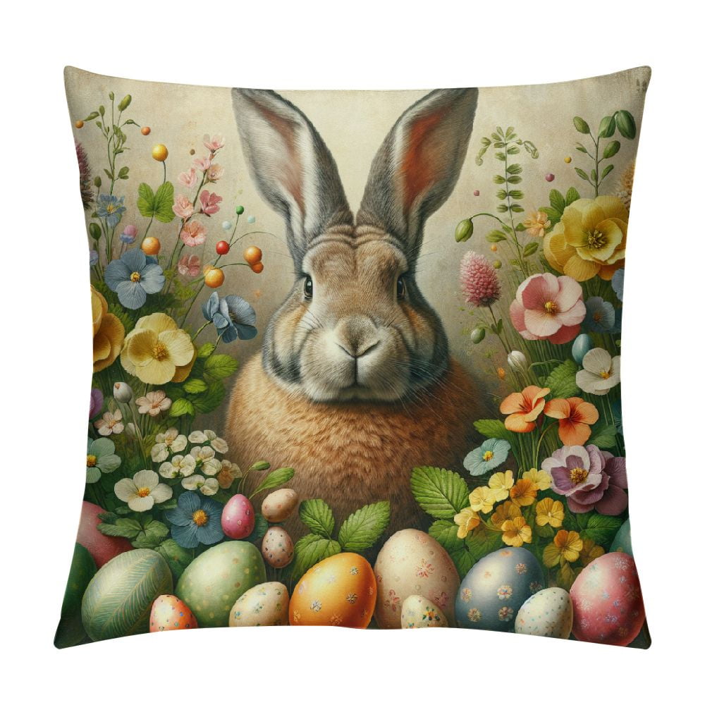 QZHH Easter Rabbit Pillow Covers Farmhouse Retro Postcards Easter Egg ...