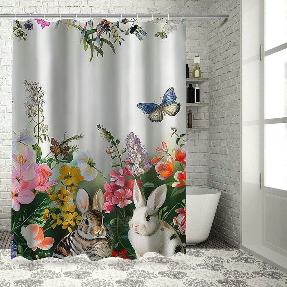 COMIO Easter Shower Curtain Bunny Boho Floral Rabbit Watercolor Flower ...
