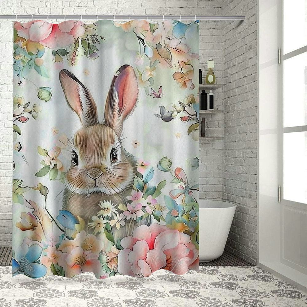 COMIO Easter Shower Curtain Bunny Rabbit Bathroom Curtain with 12 Hooks ...
