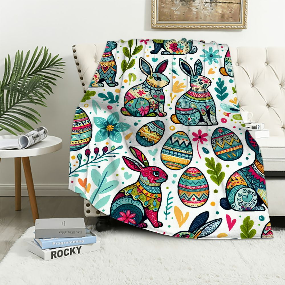 COMIO Easter Throw Blanket Set Easter Spring Colorful Bunny Letter Egg ...