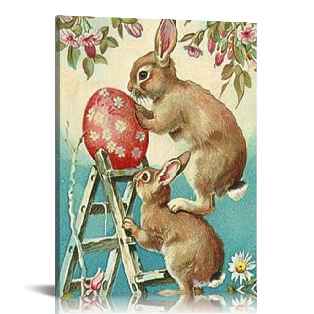 YANMS Easter Wall Art Prints Vintage Bunny Egg Rabbit Floral Printed ...