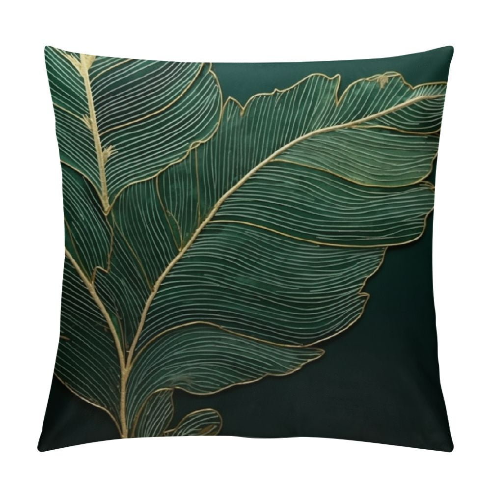 Comio Emerald Green Tropical Leaves Throw Pillow Covers Satin