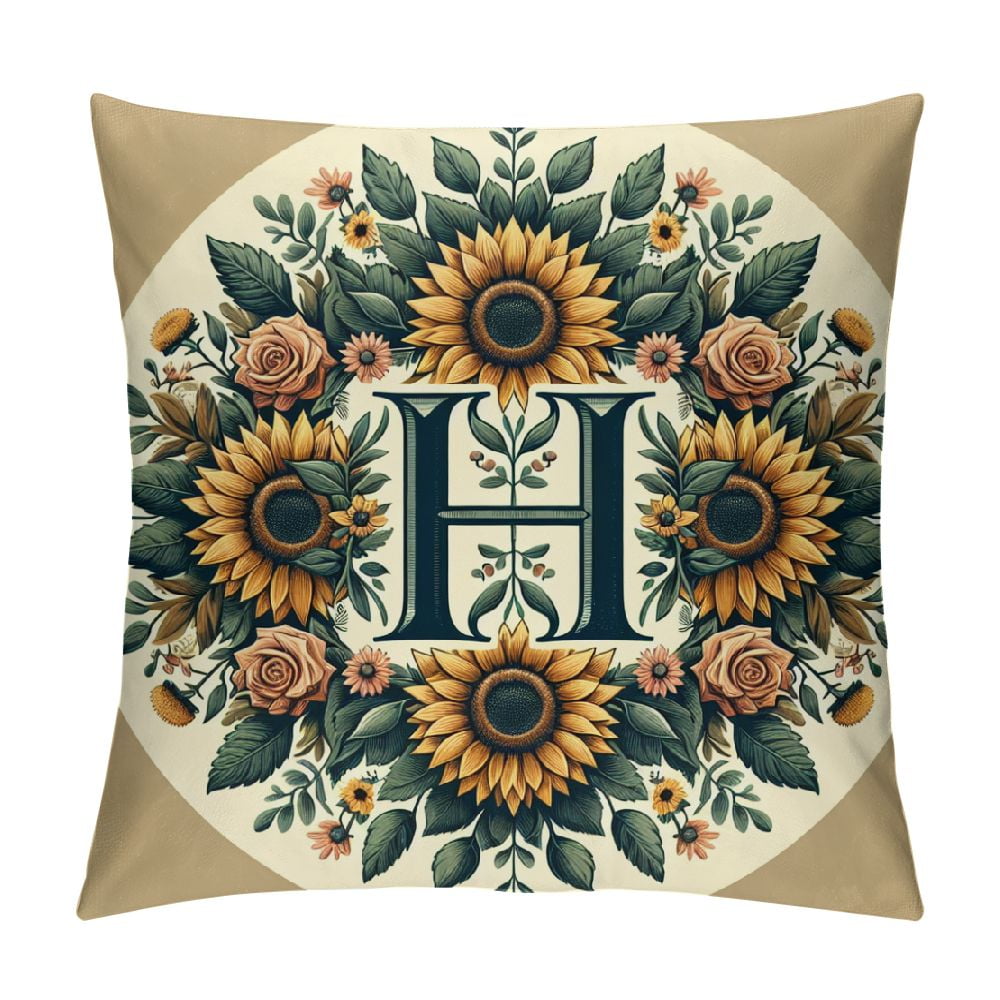 COMIO English Alphabet H Summer Sunflower Throw Pillow Cover, Square ...
