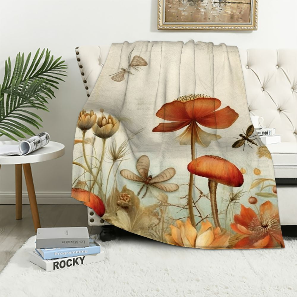 COMIO Fall Mushroom Flannel Throw Blanket for Couch Botanical ...