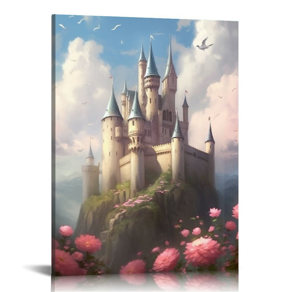 COMIO Fantasy Old Castle and Pink Flower Wall Art Print, Art Landscape ...