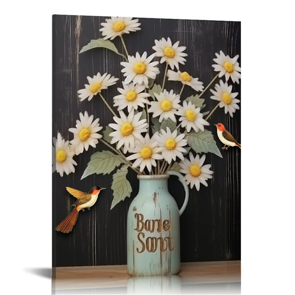 COMIO Farmhouse Bathroom Floral Wall Art Rustic Daisy Hummingbird Teal ...