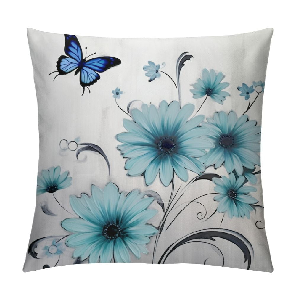 Comio Farmhouse Blue Flower Pillow Cover Farm Daisy Floral Butterfly