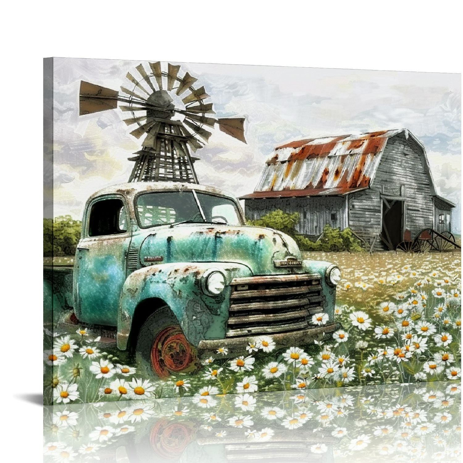 COMIO Farmhouse Decor Wall Art Pictures- Old Barn Windmill Teal Car ...