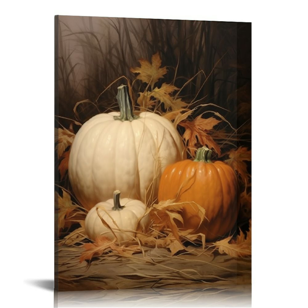 COMIO Farmhouse Fall Canvas Wall Art, White Pumpkin Still Life Painting ...