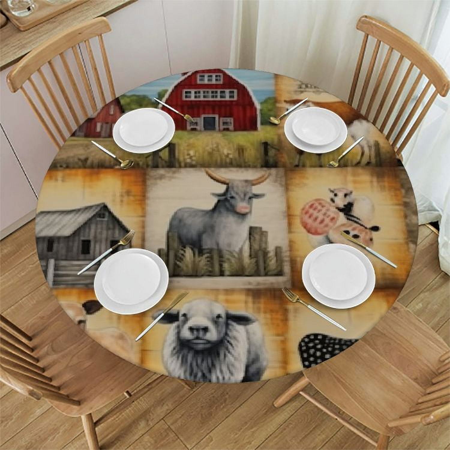 COMIO Fitted Tablecloth for Round Table,Farm Animal Cow Pig Vintage ...