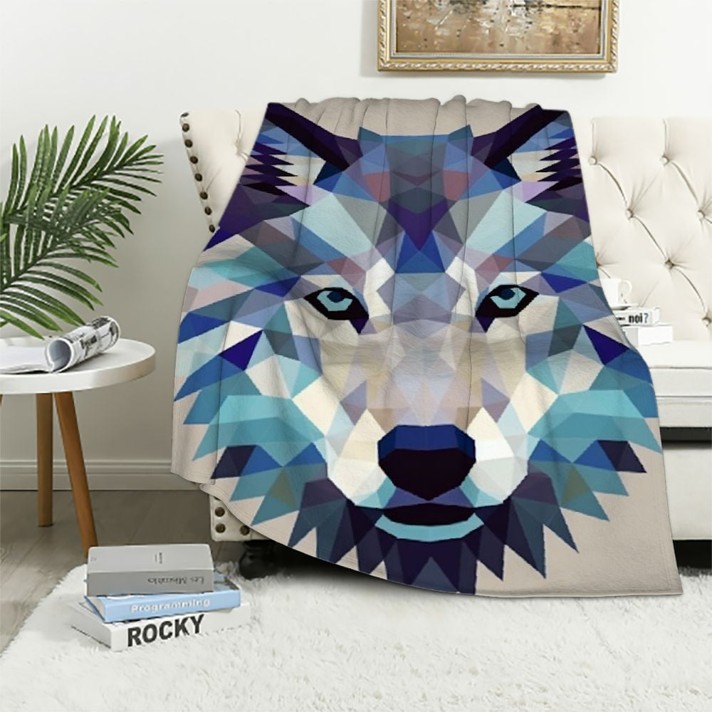 COMIO Flannel Blanket (Universal 1) Animal with Geometry Wolf Head ...