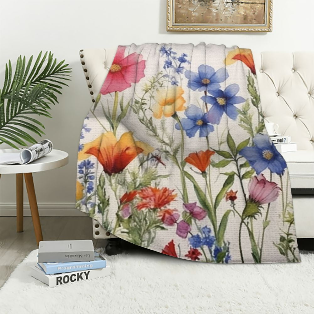 COMIO Flannel Blanket Wildflowers Watercolor Flowers Poppy Cornflower ...