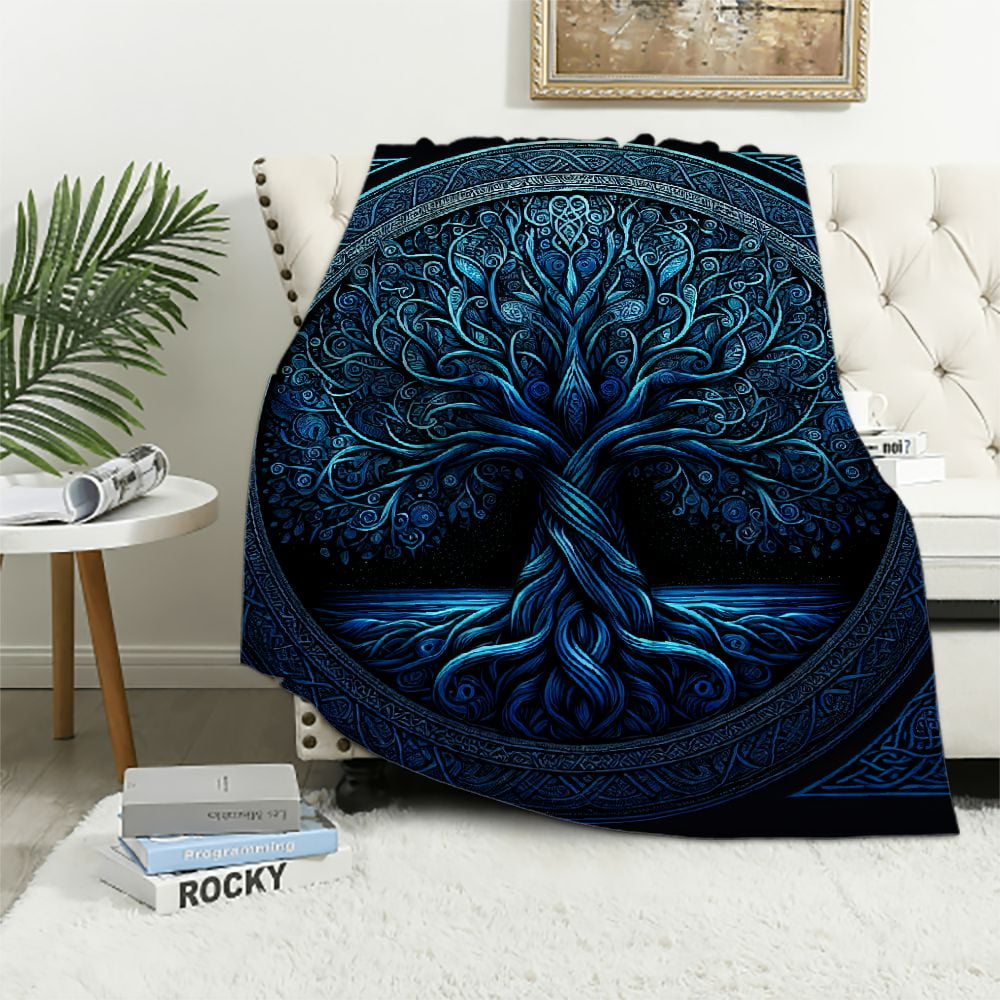 YANMS Flannel Throw Blanket Druidic Tree at Night Round Silhouette ...