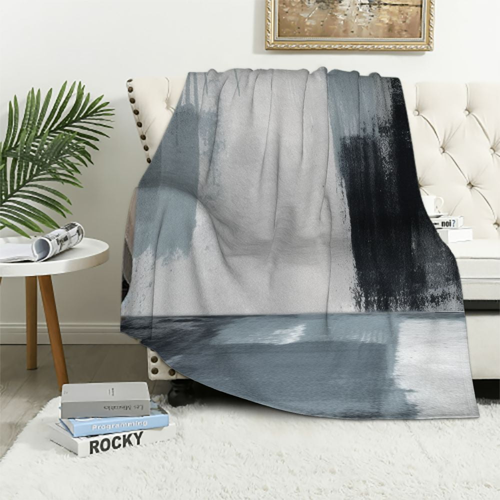COMIO Flannel Throw Blanket Oil Painting Style Abstract Grey and Blue ...