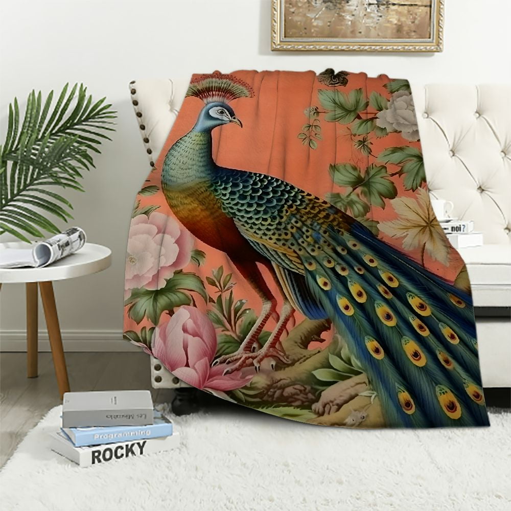 COMIO Flannel Throw Blanket Peacock Bird Floral Euro Sham Chinoiserie ...