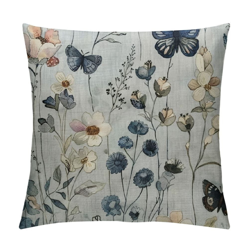 Comio Floral Spring Pillow Cover Gray Blue Minimalist Watercolor Herbs