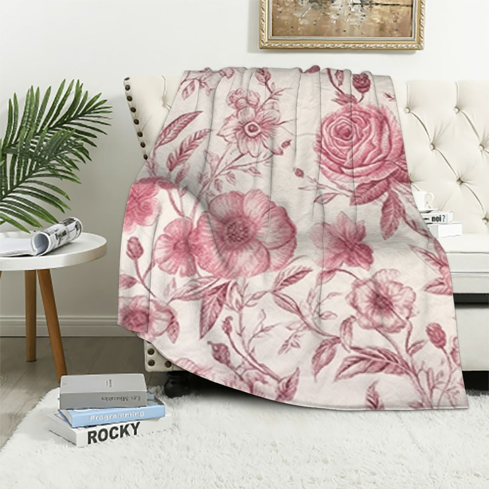 COMIO Floral Throw Blanket, Romantic Rose Flower Bouquet Blooms in Soft Pastel Tones Botanical ...