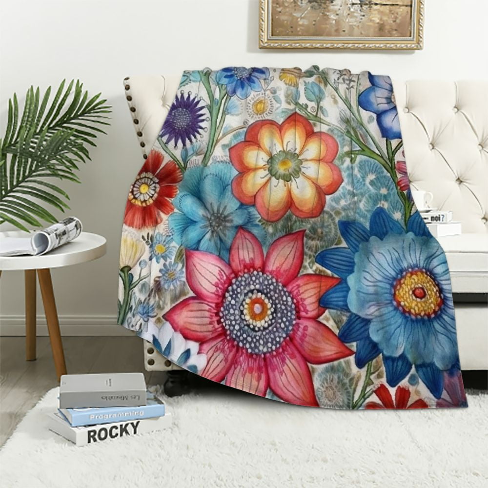 COMIO Floral Throw Blanket, Vibrant Color Boho Flowers Blossom Cozy ...