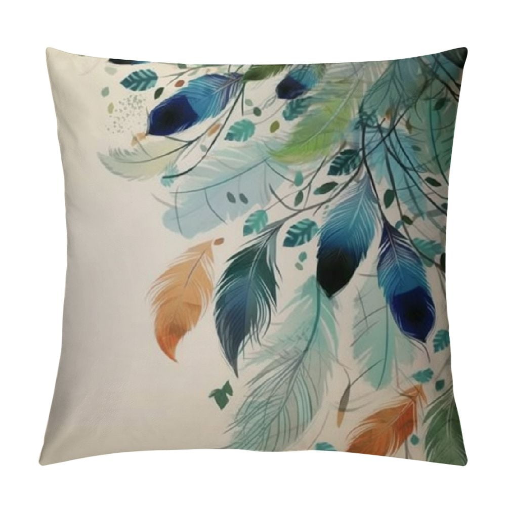 COMIO Floral Throw Pillow Covers Realistic Peacock Feathers Blue Shiny ...