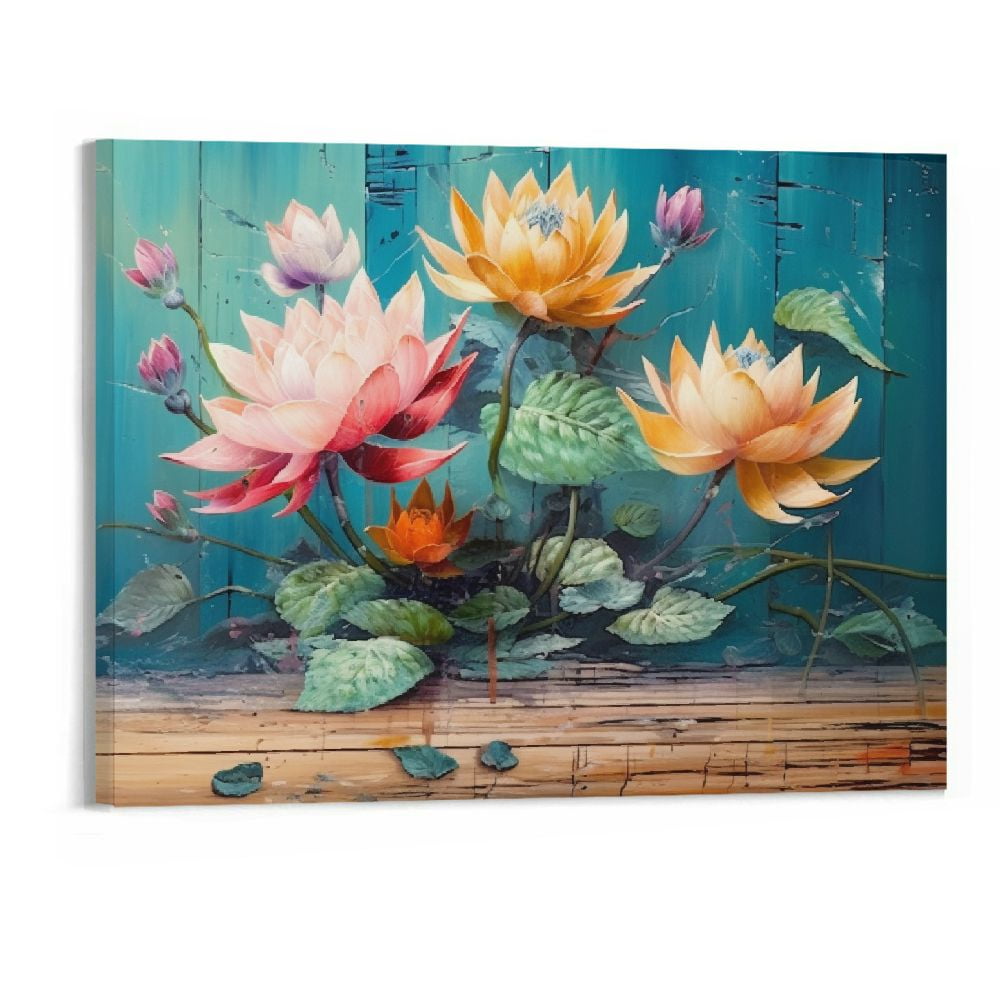 COMIO Flower Canvas Wall Art for Living Room, Teal Wall Decor for ...