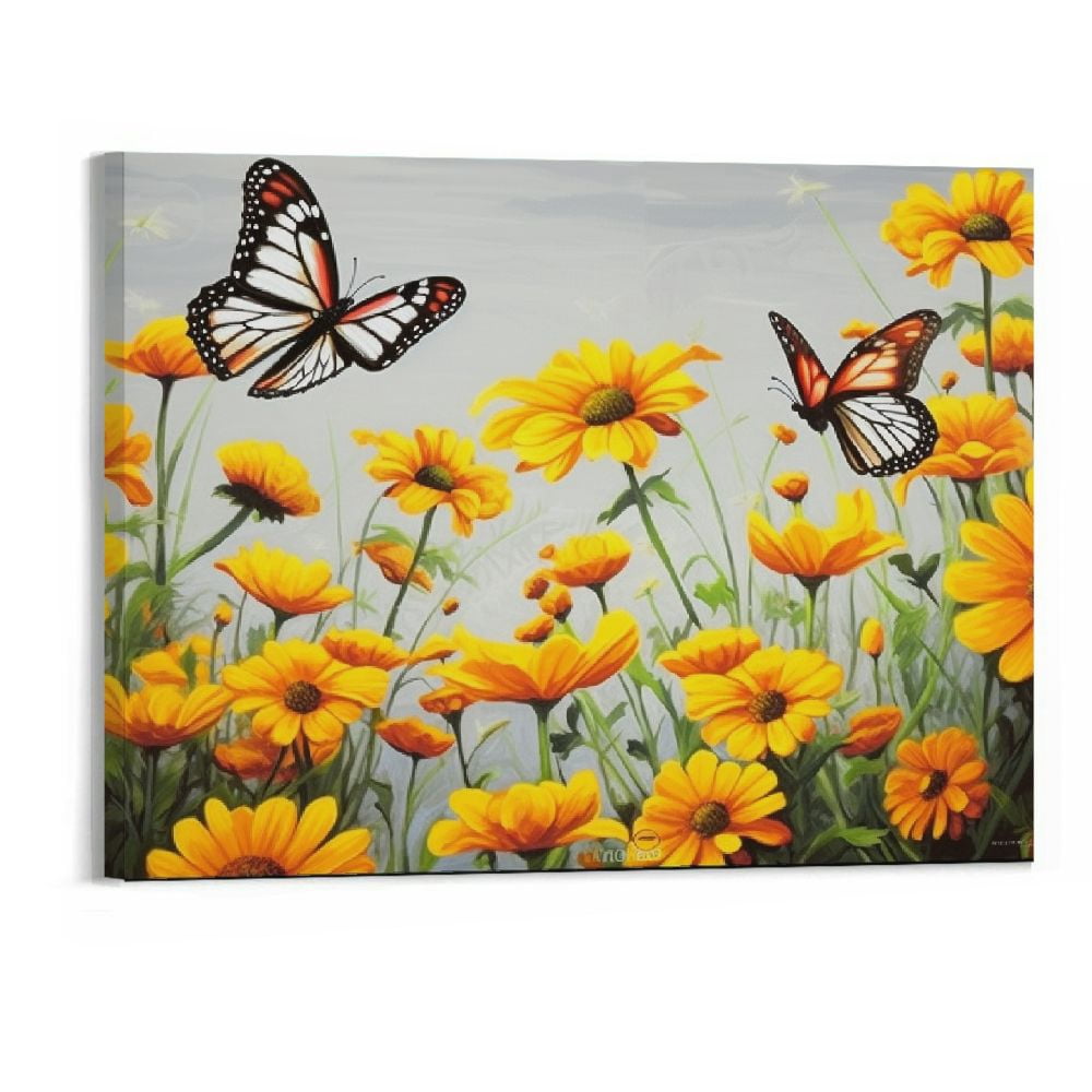 COMIO Flower Canvas Wall Art Rustic Farmhouse Yellow Floral Butterfly ...
