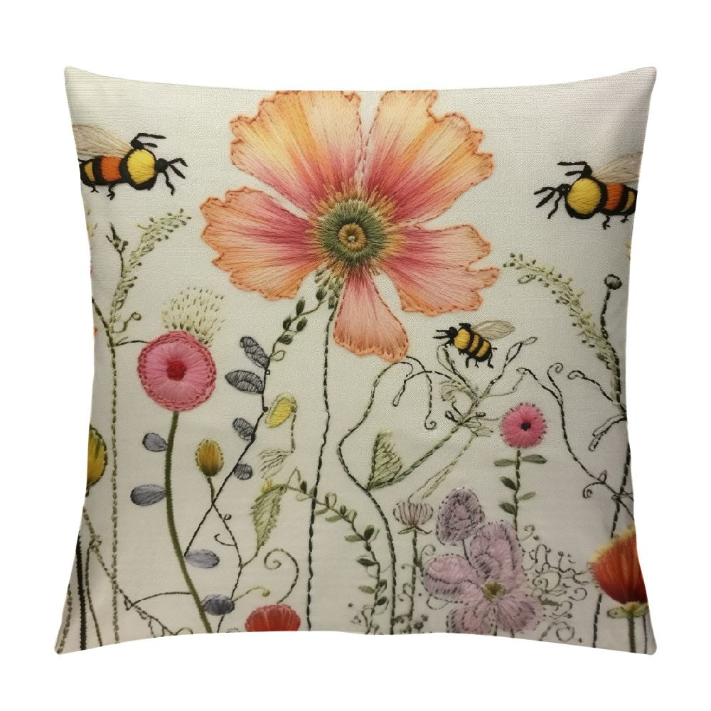 COMIO Flower Pattern Throw Pillow Cover Wildflowers Poppies Dragonfly ...