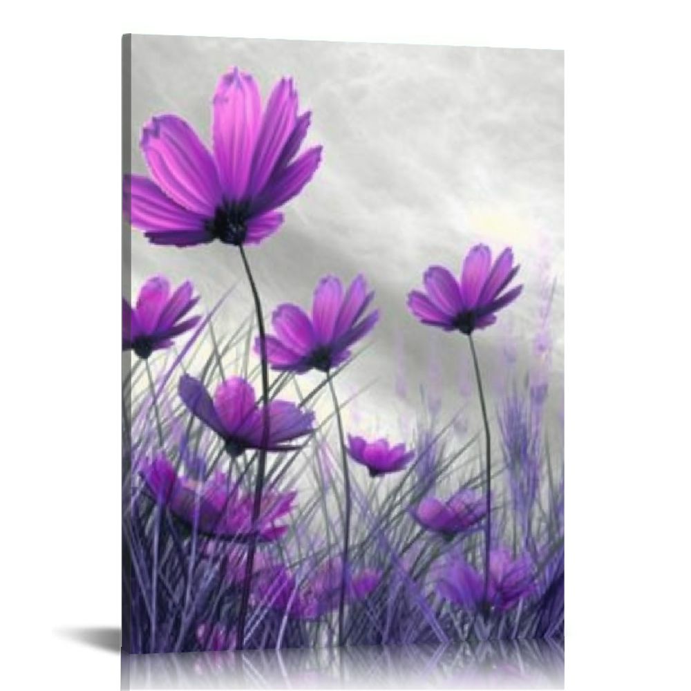 COMIO Flowers Wall Art Canvas Pictures Purple Wildflowers Black and ...