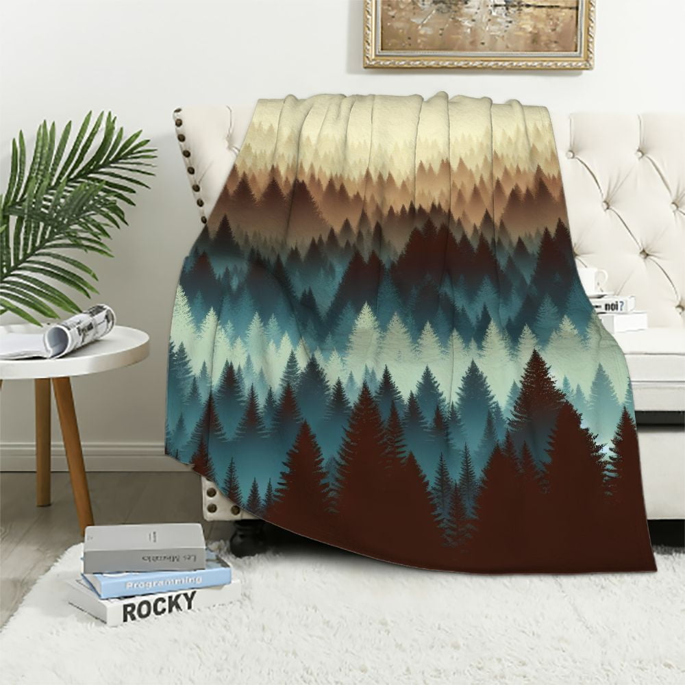 COMIO Foggy Forest Flannel Blankets, Green Coniferous Tree Silhouette ...