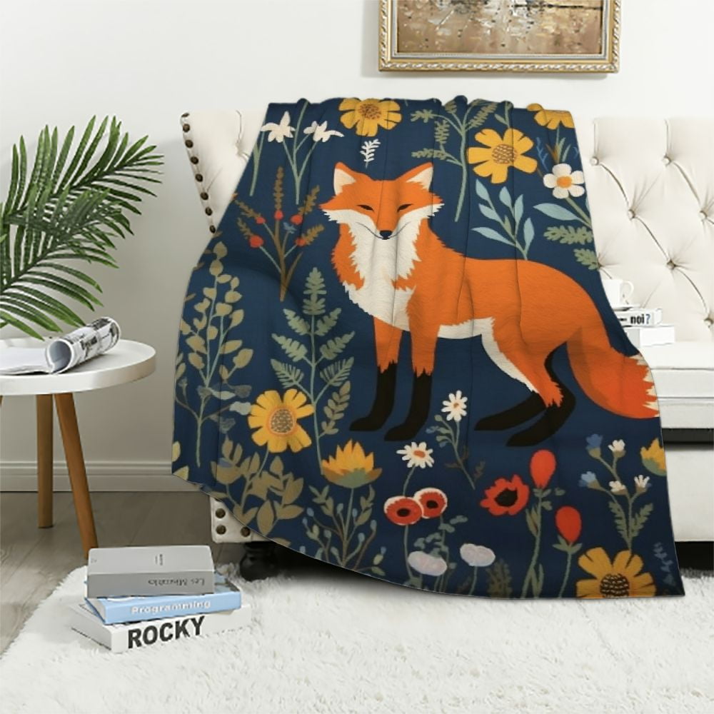 COMIO Forest Floral Flowers Leaves Cute Fox Flannel Blanket Throw ...