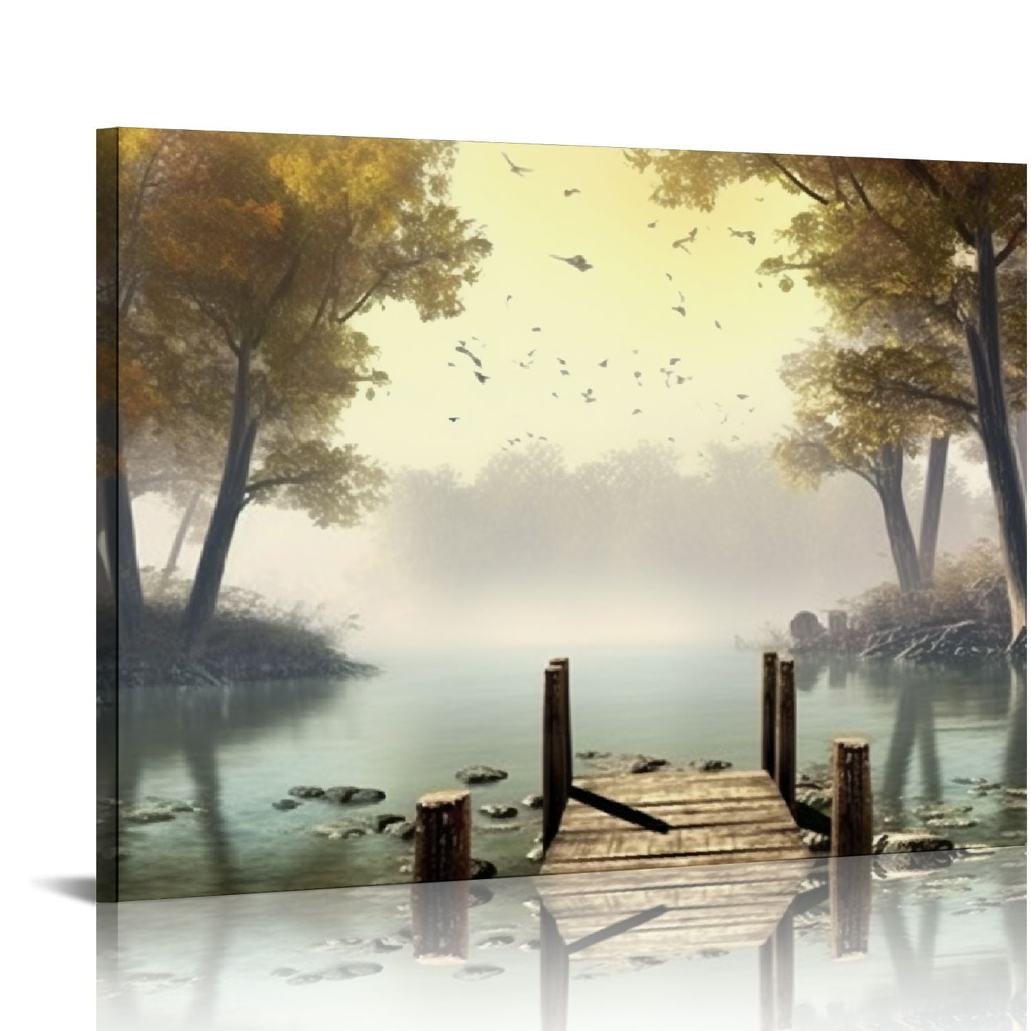 COMIO Forest Tree Canvas Wall art Bridge Over Lake Painting Autumn Tree ...