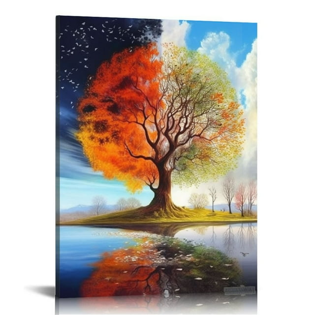 COMIO Four Season Tree of Life Poster with Framed Print Canvas Painting ...