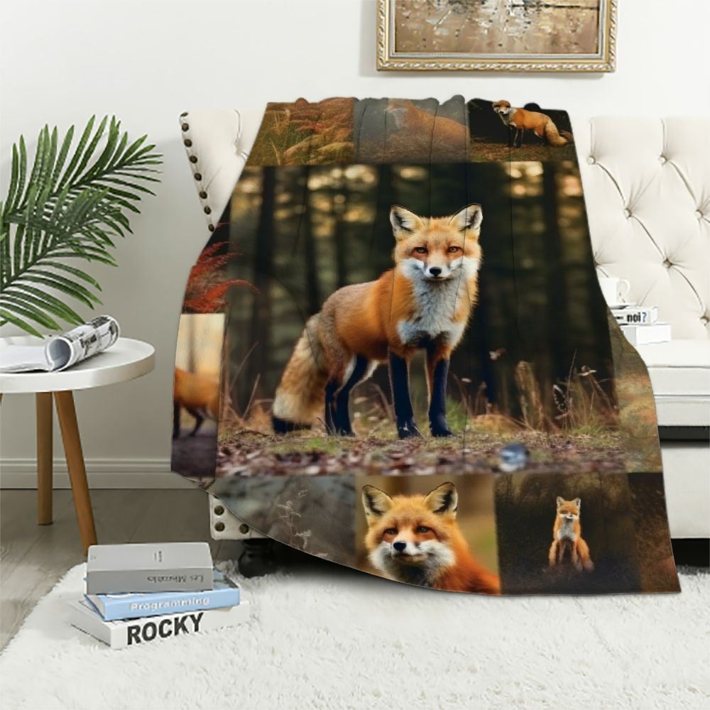 COMIO Fox Blanket Super Soft Warm Fluffy Flannel Forest Wild Animal Fox ...