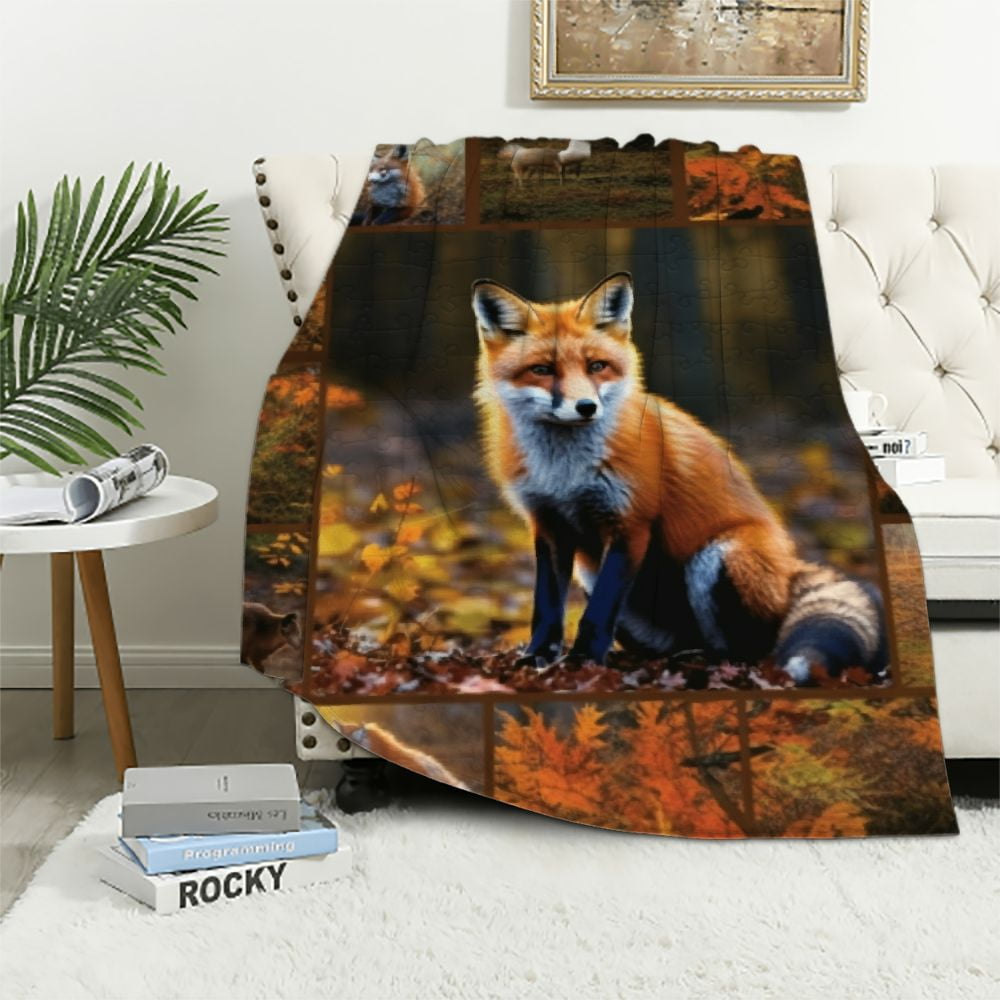 COMIO Fox Blanket Super Soft Warm Fluffy Flannel Forest Wild Animal Fox ...