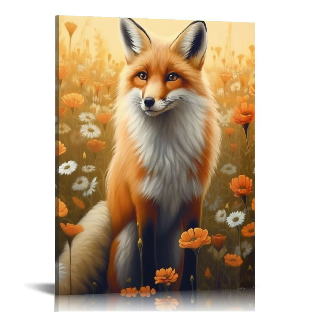 COMIO Fox Sitting In A Field Of Flowers Canvas Wall Art Paintings Art ...