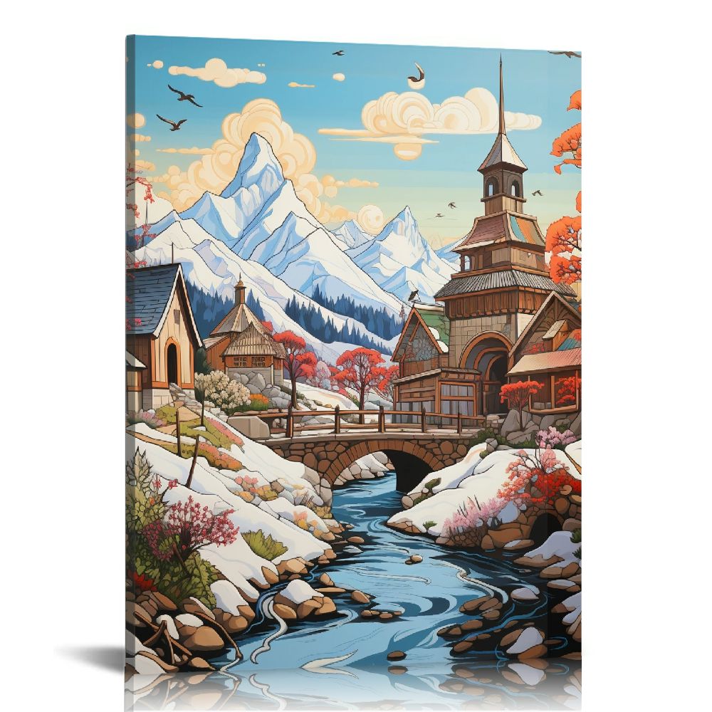 MLJA Frame Winter Wall Art Snow Tree Canvas Wall Decor Snowing village ...