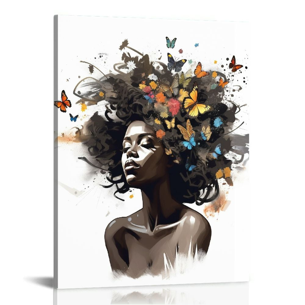 COMIO Framed Abstract African American Black Woman Canvas Wall Art, Boho Fashion Flower Art ...
