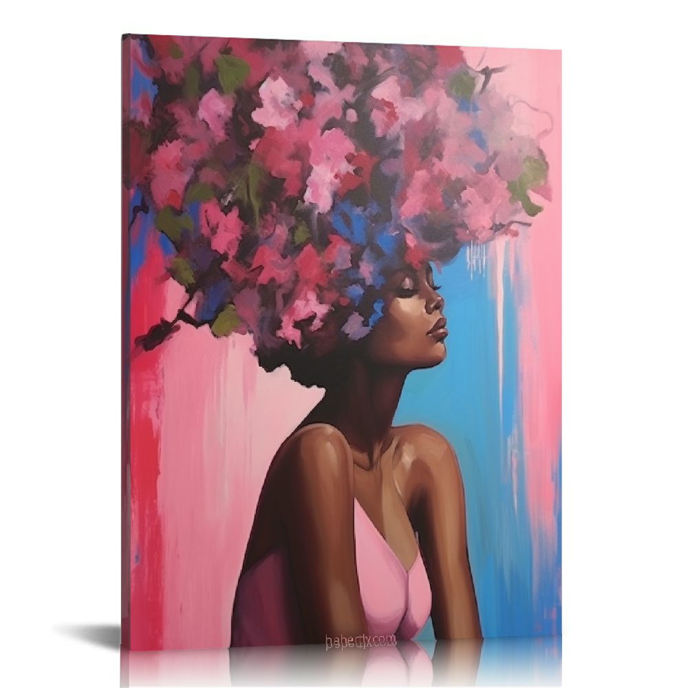 COMIO Framed African American Canvas Wall Art Colorful Flower on Black Women Head Wall Decor ...