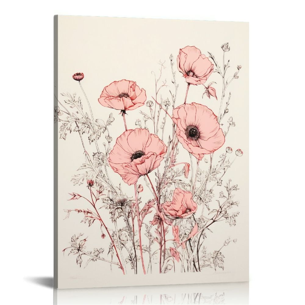 COMIO Framed Botanical Pink Flower Canvas Prints Wall Art Line Art ...