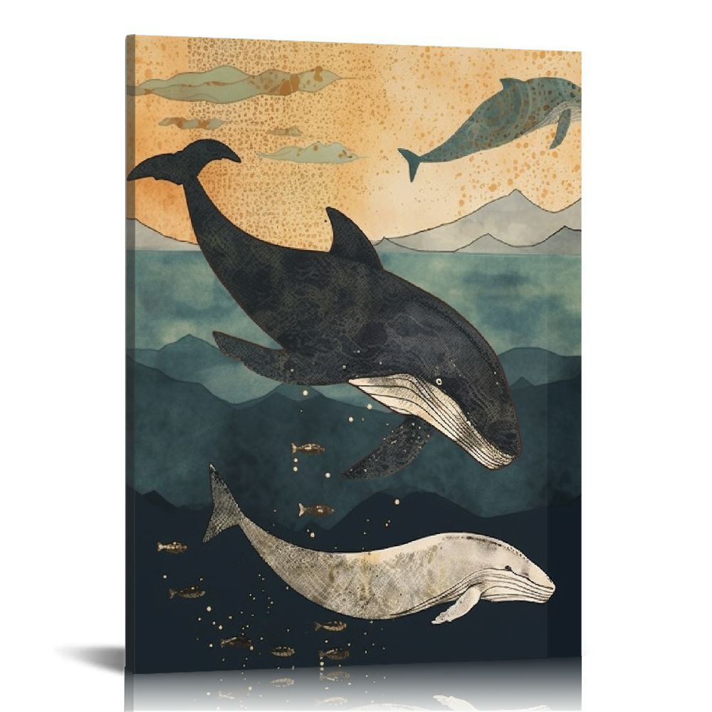 COMIO Framed Canvas Print Wall Art Whales with Dots Under The Blue Sea ...