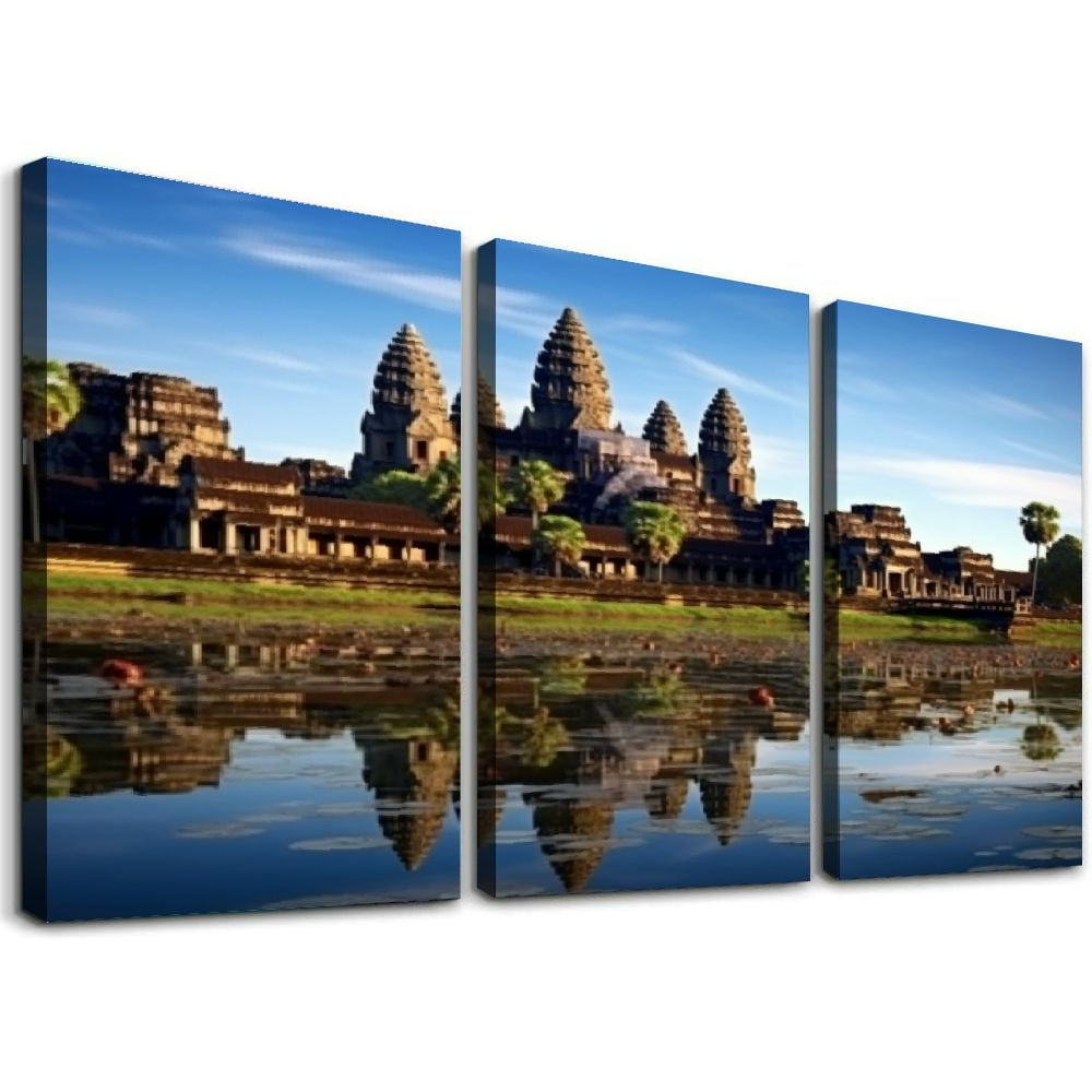 COMIO Framed Canvas Wall Art Print On Canvas Angkor Wat with Reflection ...