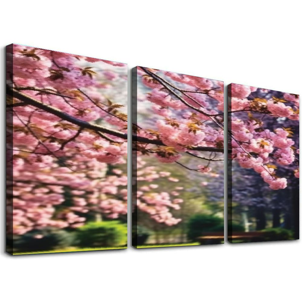 COMIO Framed Canvas Wall Art Print On Canvas Blooming Pink Cherry Blossom Flowers on Tree ...