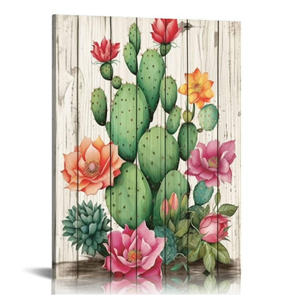 COMIO Framed Wall Art Watercolor Tropical Plant Desert Cactus Canvas ...