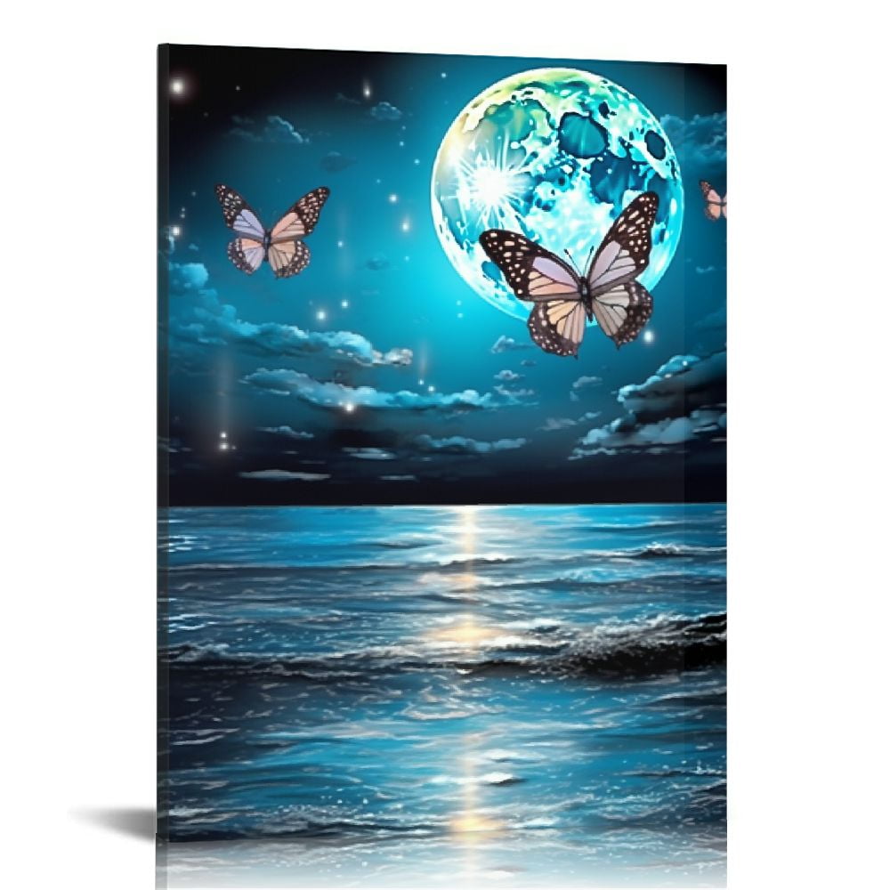 COMIO Full Moon over Ocean Canvas Art Blue Butterfly Picture Prints ...