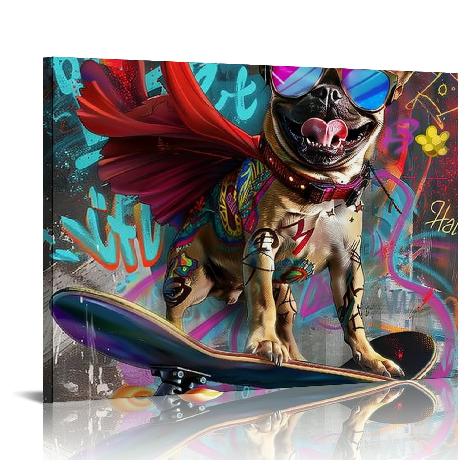 COMIO Funny Canvas Wall Art Funky Dog Play Skateboard Graffiti Picture ...