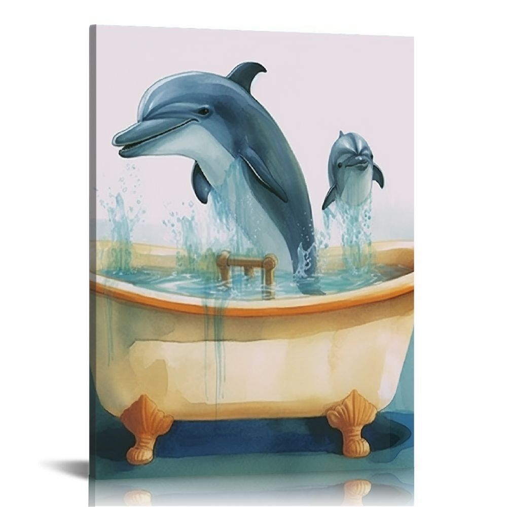 COMIO Funny Dolphin Bathroom Canvas Wall Art Cute Blue Watercolour ...