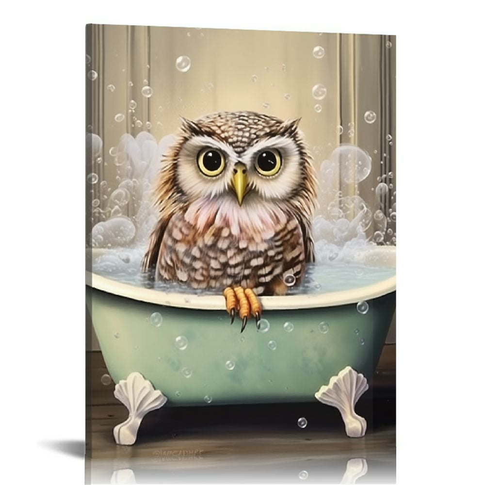 COMIO Funny Owl Bathroom Wall Art Farmhouse Animal Owl In Bathtub ...