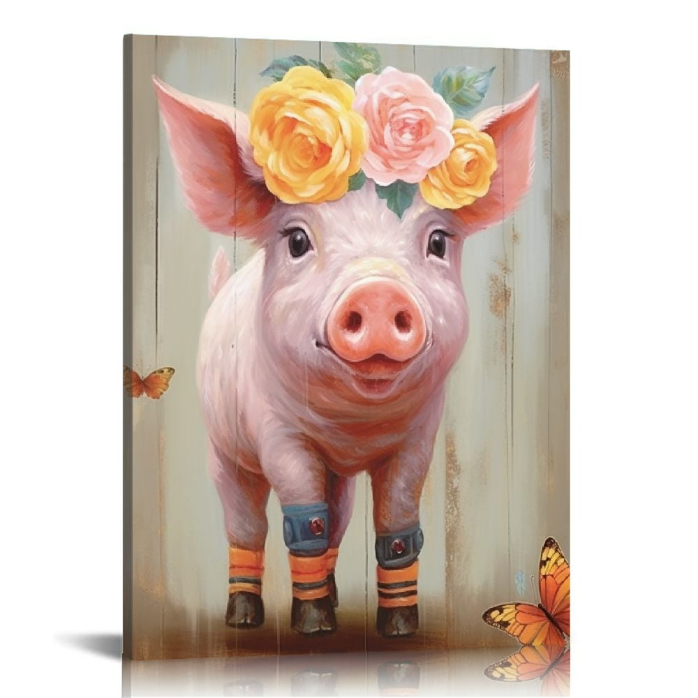 COMIO Funny Piggy and Pink Butterfly Pig Pictures Wall Art Farmhouse ...