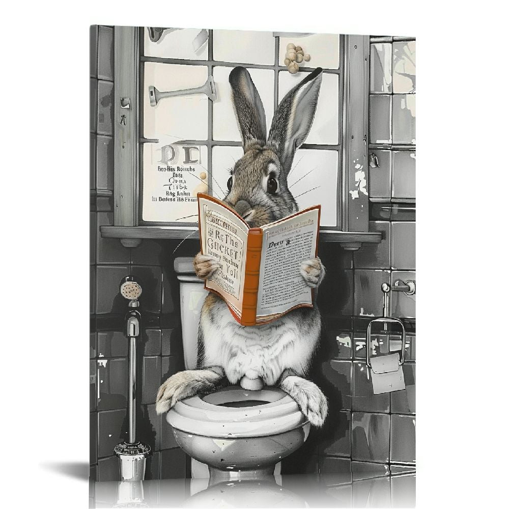 COMIO Funny Rabbit Bathroom Decor Wall Art Cute Rabbit Sitting in ...