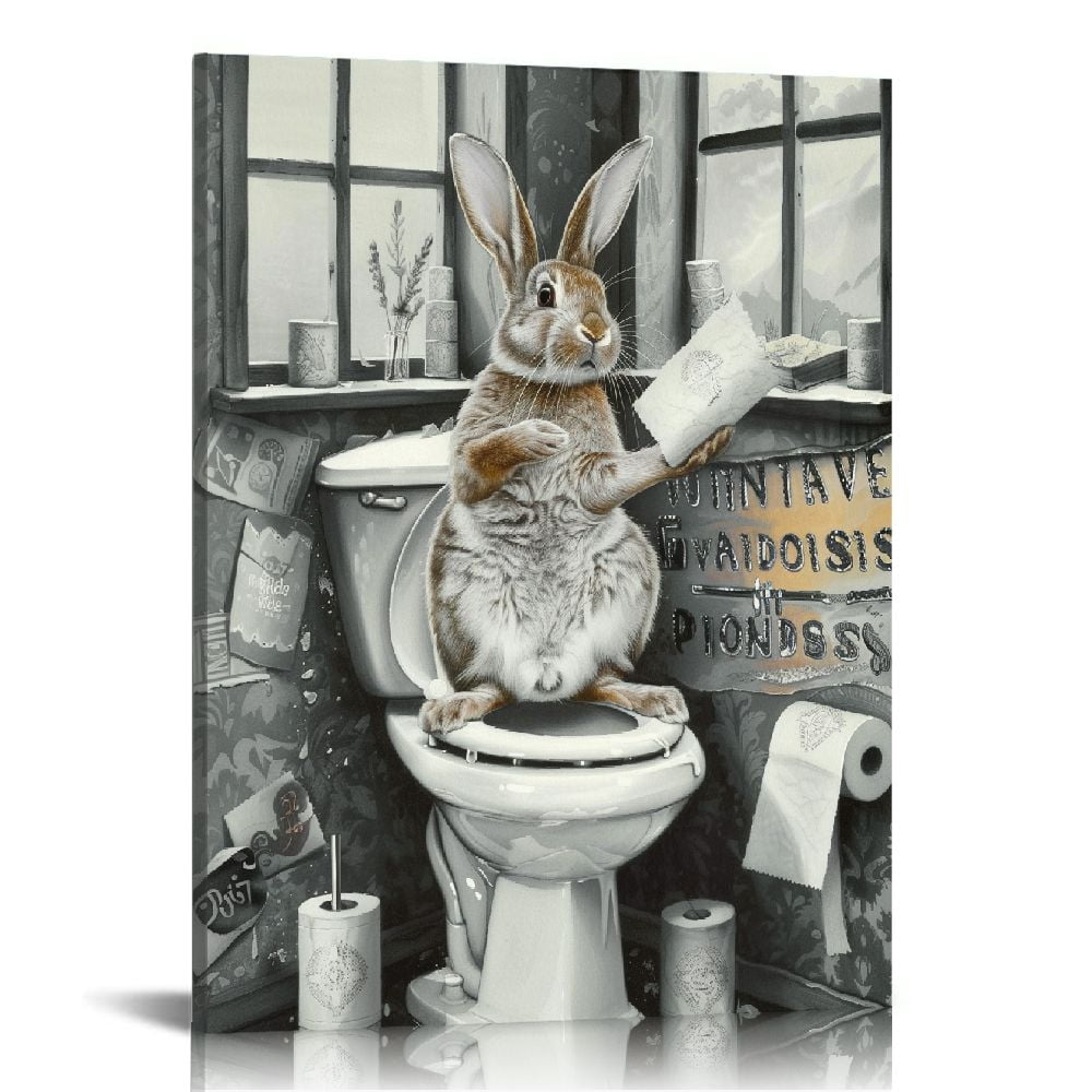 COMIO Funny Rabbit Bathroom Decor Wall Art Cute Rabbit Sitting in ...